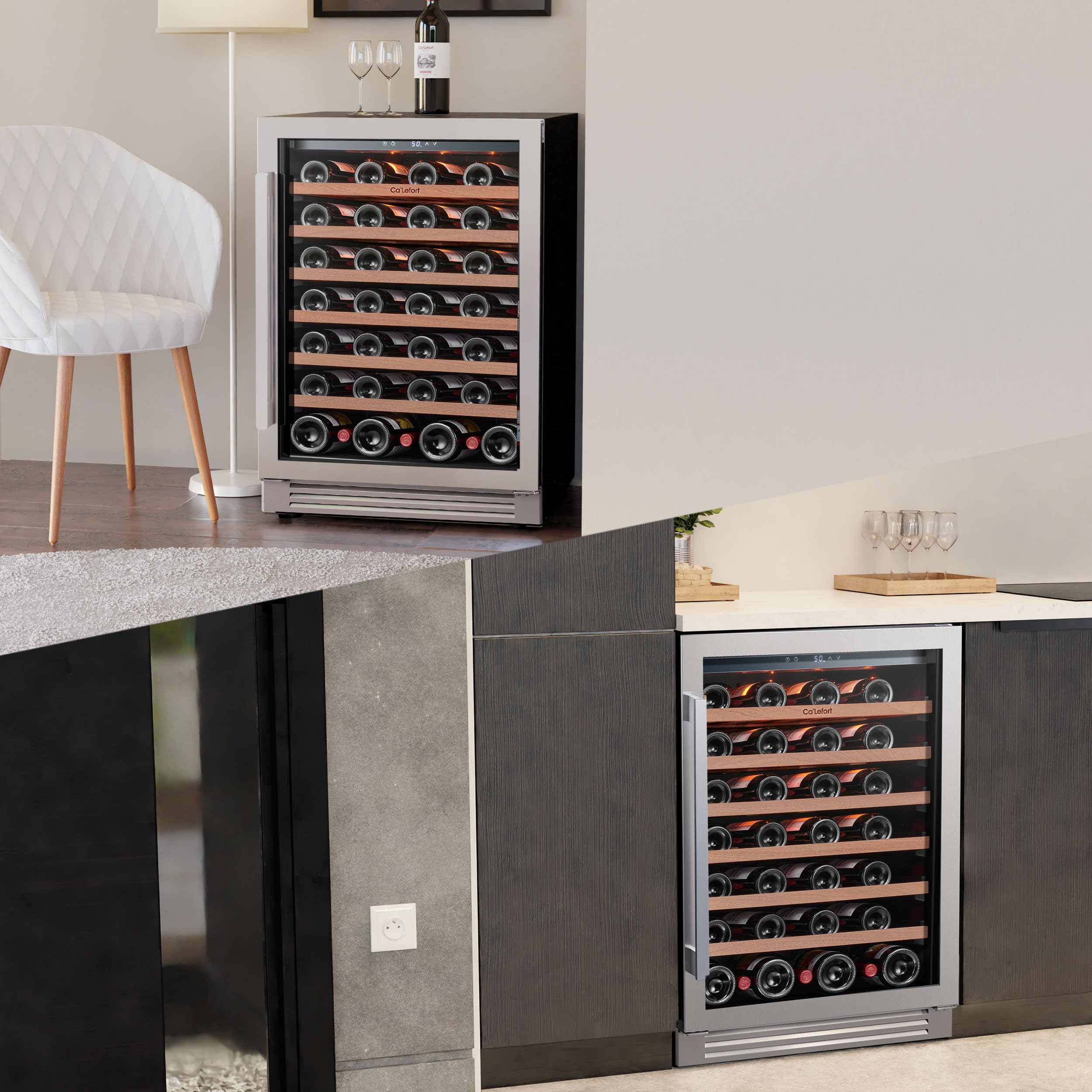 Ca'Lefort 24 Inch Wine Fridge, 54 Bottle Wine Cooler Refrigerator, 40-65°F Wine Refrigerator Glass Door, 3 LED Wine Fridge, Built-in or Freestanding Wine Fridge for Home/Bar/Kitchen (5.65 cu.ft)