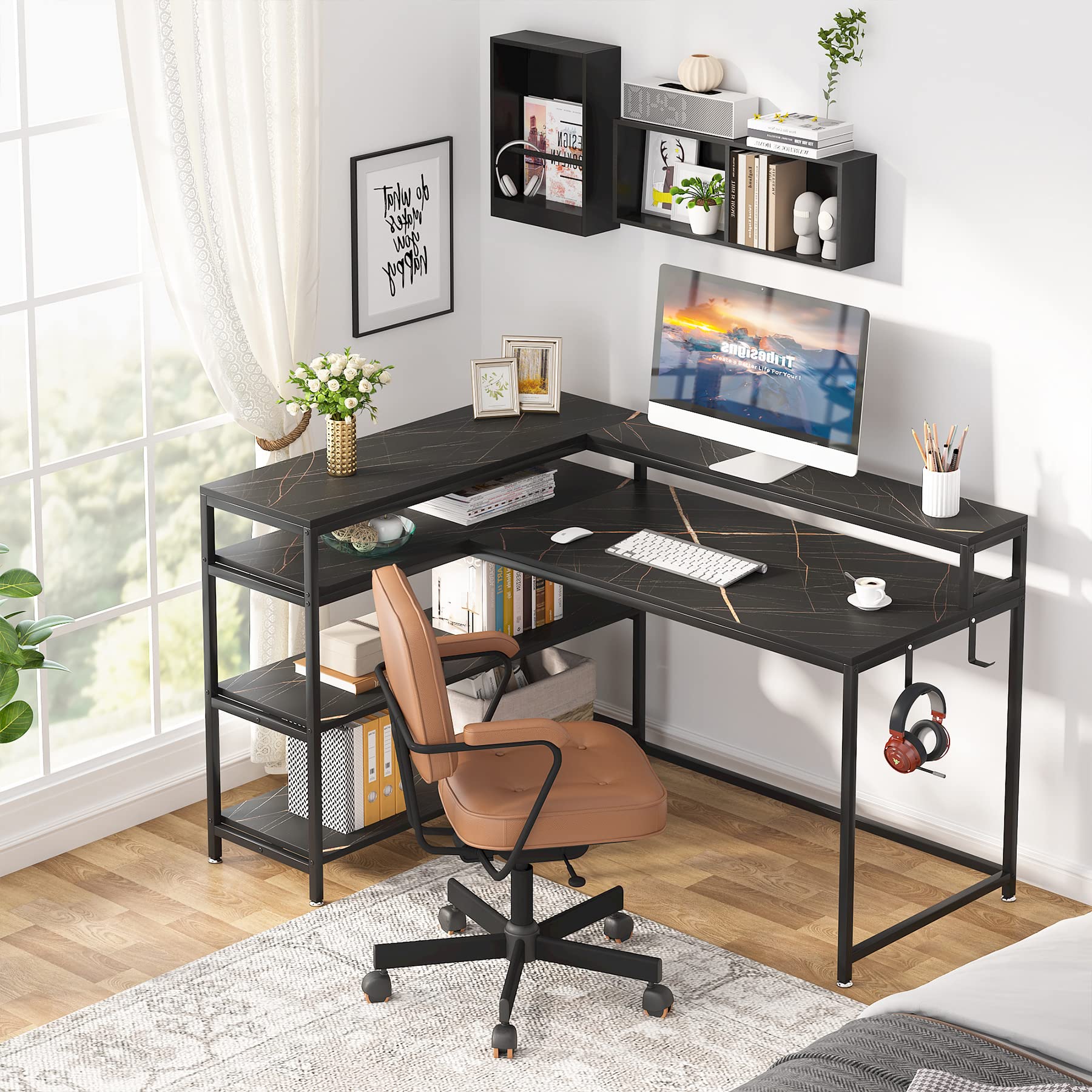 Tribesigns 53 Inch Reversible L Shaped Desk with Storage Shelf, Modern Black Marble Corner Desk with Shelves and Monitor Stand, Gaming Desk for Home Office (53" D x 41" W)