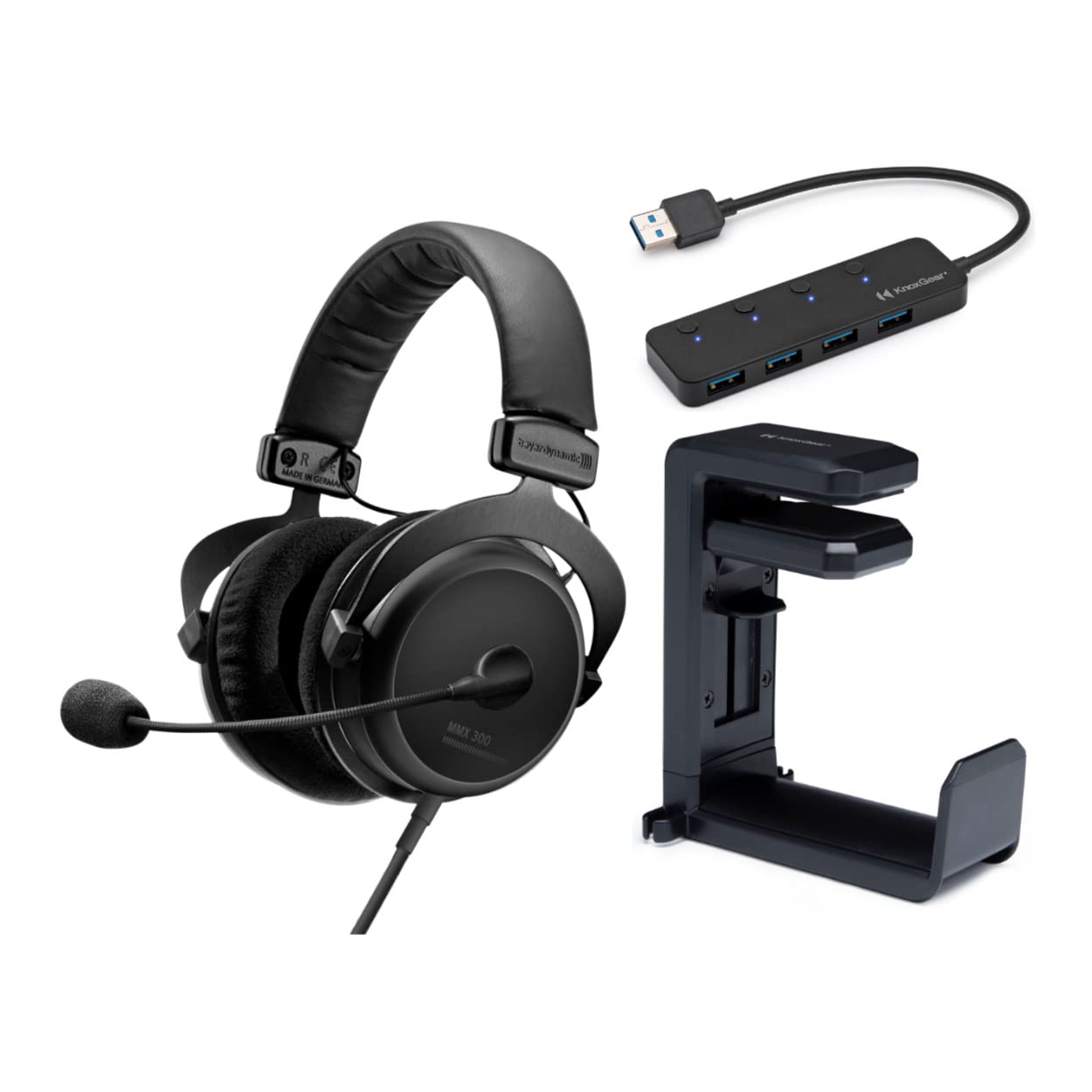 beyerdynamic MMX 300 2nd Generation Premium Gaming Headset Bundle with 4-Port USB 3.0 Hub and Hanger Mount (3 Items)