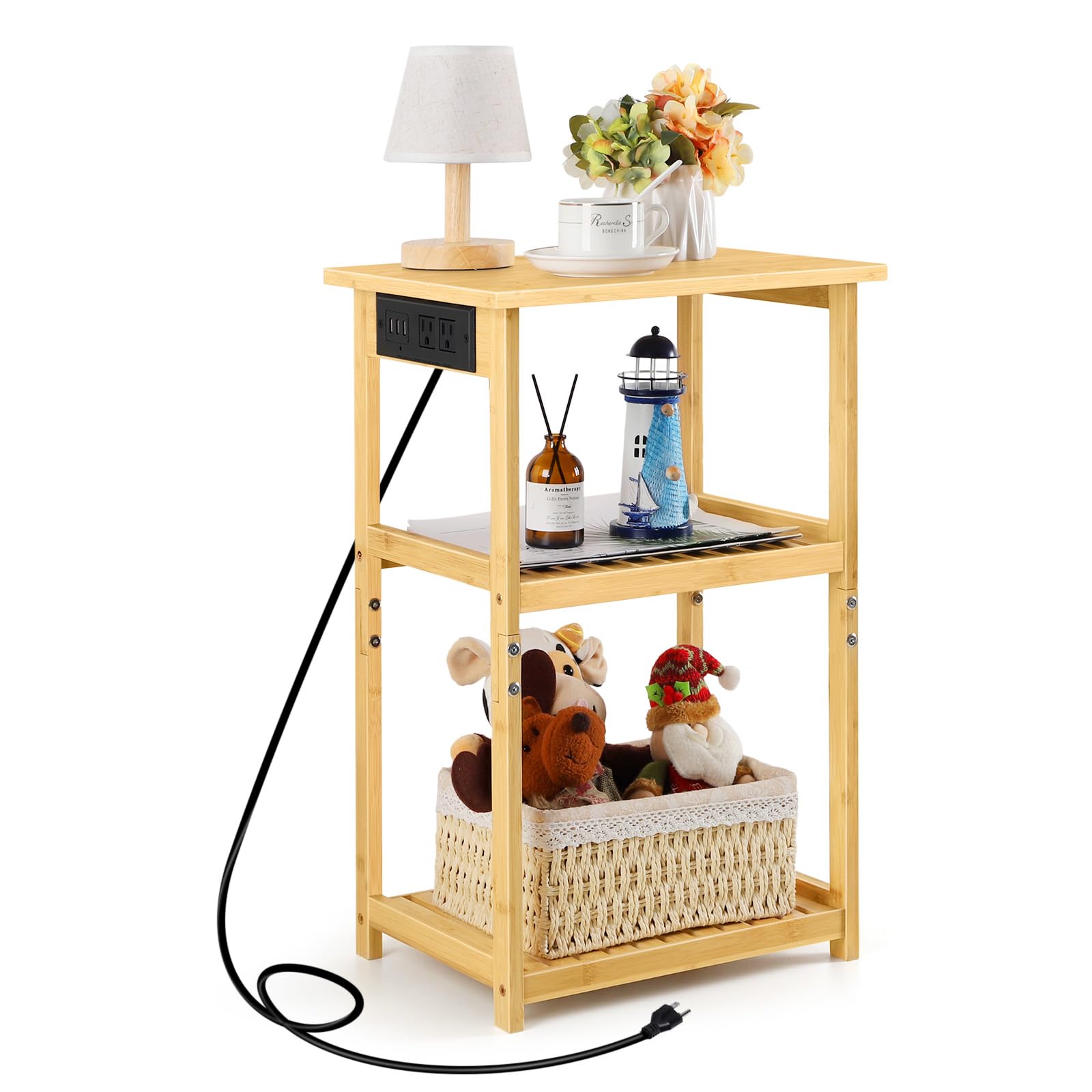 Bamboo End Table, 3 Tier End Table Side Table with Storage Shelf, Nightstand with Charging Station, Small Bedside Table with USB Ports and Outlets for Bedroom Sofa Office, 3 Tier Side Table