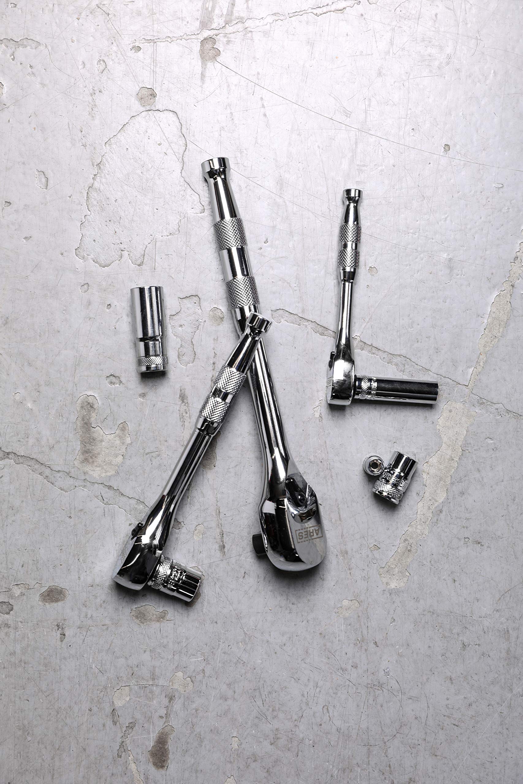 ARES 42000-3-Piece 90-Tooth Full Polish Ratchet Set - Chrome Vanadium Steel Construction & Chrome Plated Finish - Reversible Design - 4 Degree Swing - Ratcheting Tool Set