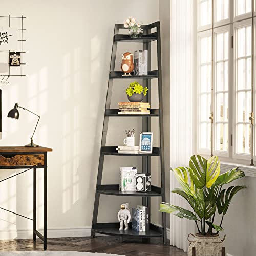 Rolanstar Corner Shelf, 6 Tier Modern Corner Bookshelf Industrial Corner Ladder Shelf Plant Stand for Display Rack for Living Room, Home Office, Bathroom, Small Space, Black
