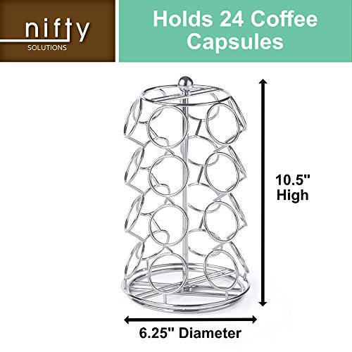 Nifty K Cup Holder – Compatible with K-Cups, Coffee Pod Carousel | 24 K Cup Holder, Spins 360-Degrees, Lazy Susan Platform, Modern Chrome Design, Home or Office Kitchen Counter Organizer