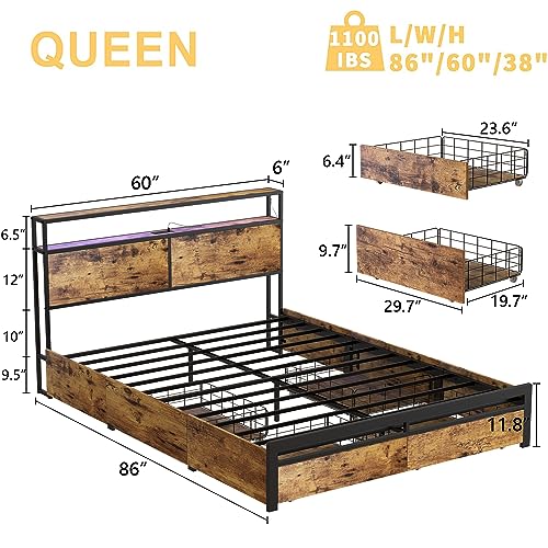 HAUSOURCE Queen Bed Frame with Storage Headboard and 4 Drawers LED Lights Metal Platform Non-Slip Without Noise Mattress Foundation Strong Metal Slats Support No Box Spring Needed