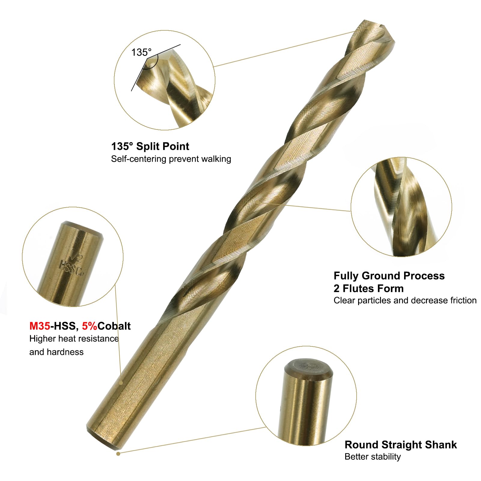 BeHappy Cobalt Drill Bit Set, 29Pcs Metal Drill Bit Set, M35 High Speed Steel Twist Jobber Cobalt Drill Bits for Hardened Metal, Stainless Steel,Cast Iron,Wood,Plastic, Index Storage Case,1/16"-1/2"