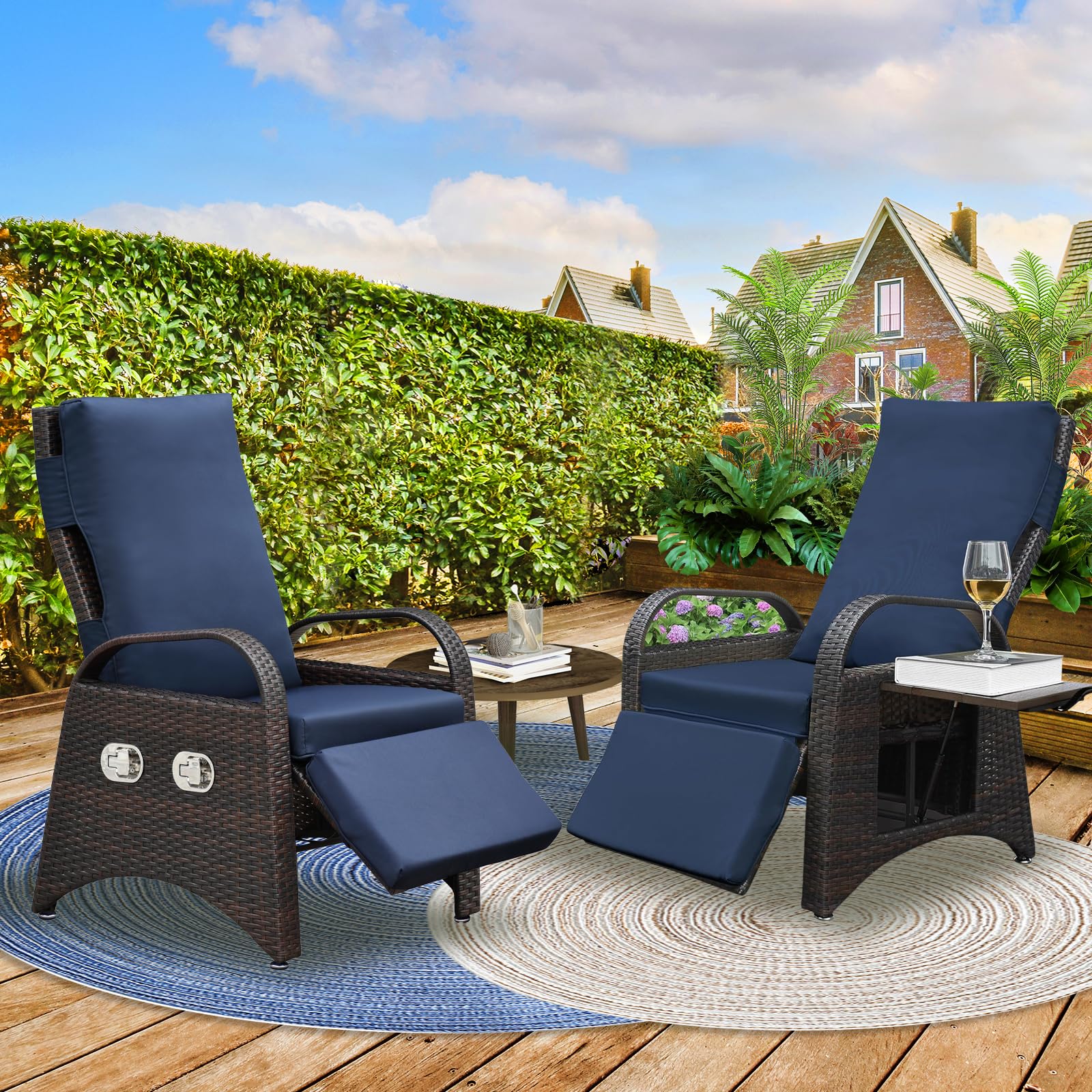cinkehome Outdoor Recliner Chair, Independently Adjustable Backrest and Footrest, Patio Reclining Chairs, Hand-Woven Wicker Recliner Chairs with Flip Table, Removable Cushion