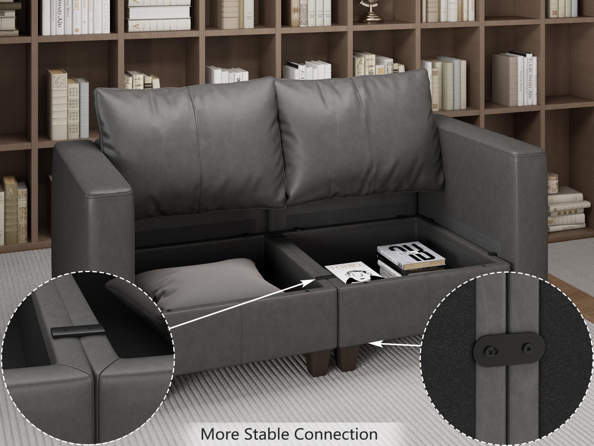 EASE MOOSE Modular Sectional Sofa with Storage, U Shaped Sectional Faux Leather Sectional Couch Large Sectional Sofa, Grey