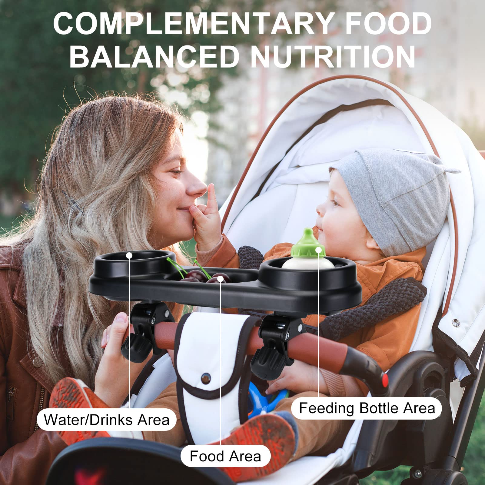 BOWINR Universal Stroller Snack Tray with Cup Holder, Stroller Cup/Snacks Holder, Stroller Attachment Fits Most of Strollers with Round Armrests, Good Helper for Baby Travel