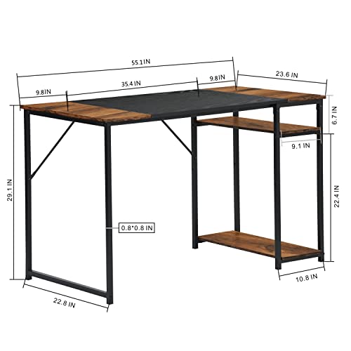 FurnitureR 55 inch Study Writing Table with Storage Shelves Space Saving for Home Office, Modern Style PC Metal Frame Computer Desk, Black&Brown