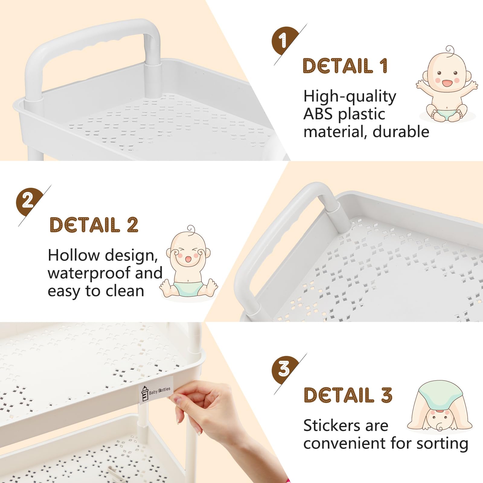 Barydat Baby Diaper Cart with Wheels and Handle 3 Tier Rolling Cart Diaper Organizer with Hanging Diaper Stacker Nursery Caddy Baby Organizer for Storage Baby Clothes, Wipes, Bibs, Changing Table Mats