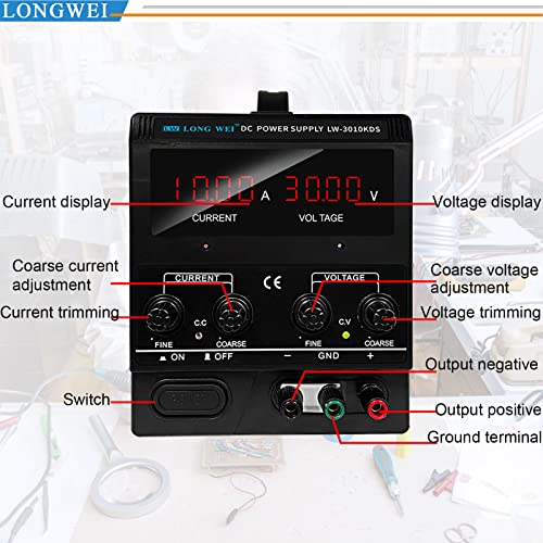 Lwlongwei DC Power Supply Variable, 30V 10A 300W Adjustable Switching Regulated DC Bench Power Supply with 4-Digits LED Power Display Coarse and Fine Adjustments