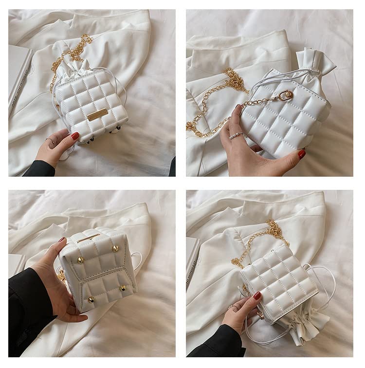 Box Bag Mini Box-Shaped PU Leather Crossbody Bag Solid Color Square Ladies Crossbody Bag Drawstring Pouche - Chain Crossbody Bag (White)