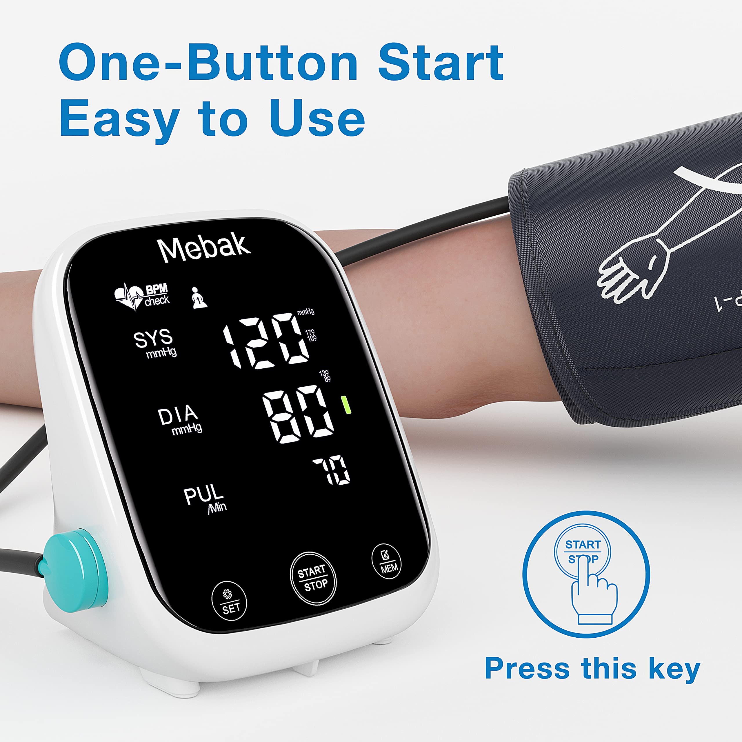 Blood Pressure Monitor Upper Arm, Mebak Automatic Digital BP Machine Cuffs for Home Use, Pulse Rate Monitoring with Large Display, 2x120 Memory