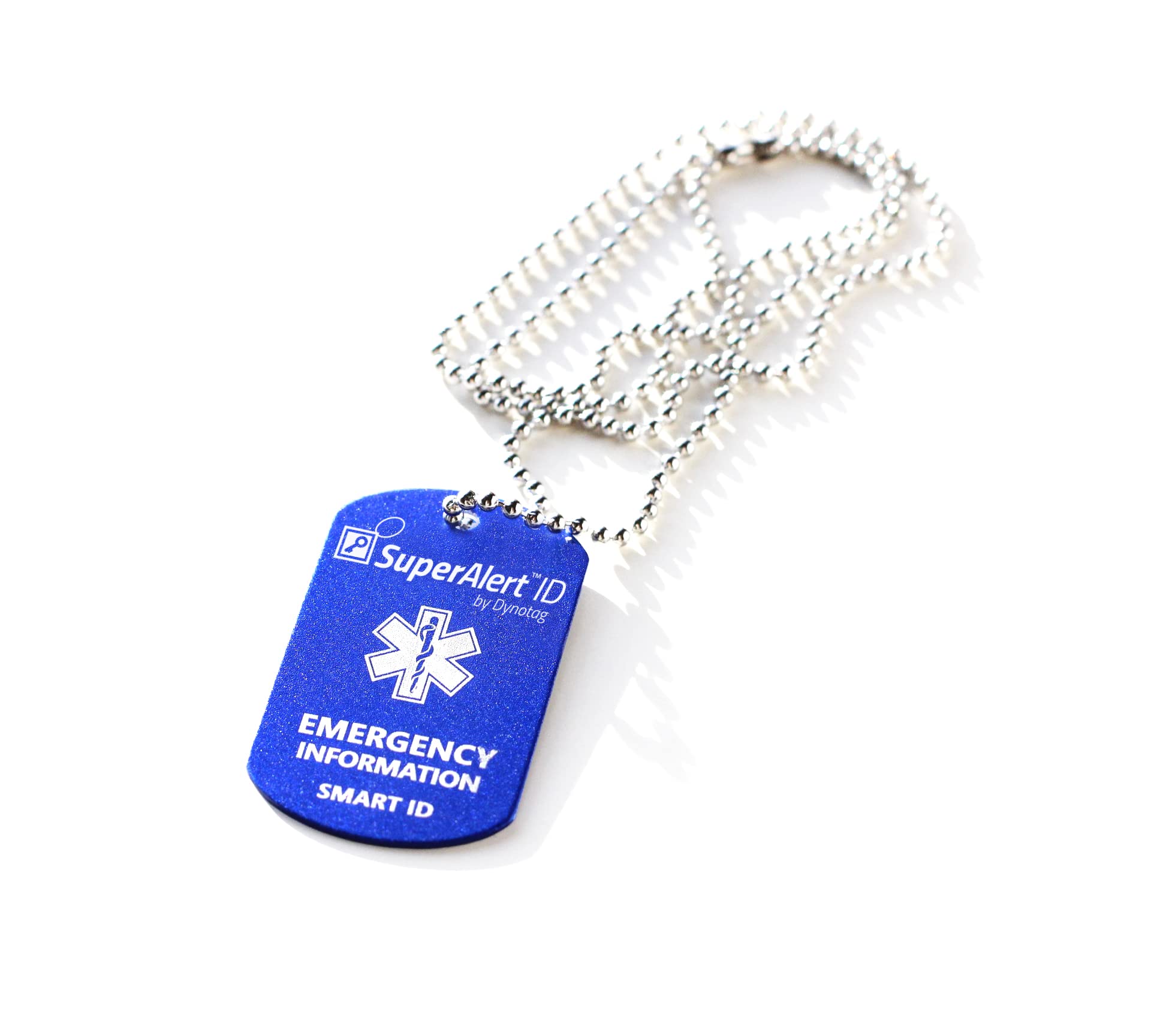 DynotagŽ SuperAlertID Smart Military Style Medical ID/Emergency Information Anodized Aluminum Pendant & Chain Set, with DynoIQ⢠& Lifetime Service. Blue (Blue)