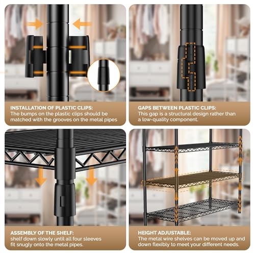 FSUON Heavy Duty Rolling Garment Rack, 1" Diameter Rods, 3 Tiers Adjustable Wire Shelving Clothes Rack with Double Rods and Side Hooks, Freestanding Wardrobe for Hanging Clothes, Black