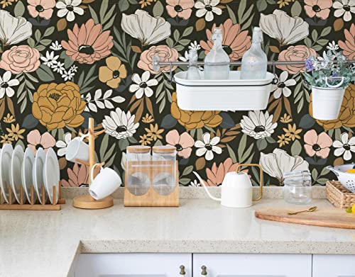 HAOKHOME 93217 Vintage Large Floral Peel and Stick Wallpaper Removable Daisy Leaf Black/Sand/Oliva Vinyl Self Adhesive Mural 17.7in x 9.8ft