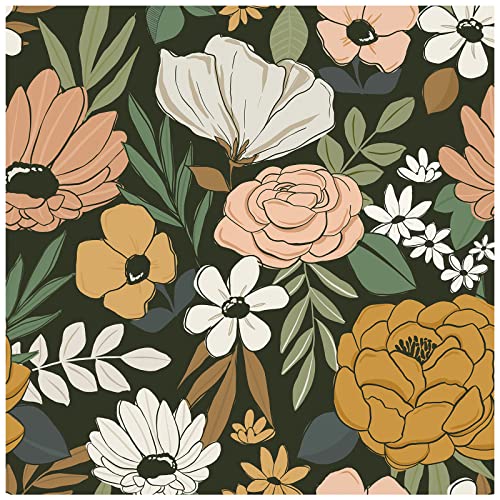 HAOKHOME 93217 Vintage Large Floral Peel and Stick Wallpaper Removable Daisy Leaf Black/Sand/Oliva Vinyl Self Adhesive Mural 17.7in x 6.6ft