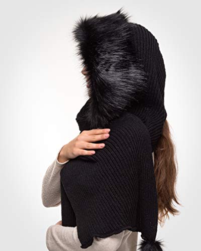 Futrzane Faux Fur Hooded Scarf for Women - Versatile Knitted Cowl for Winter (Black - Black Raccoon)