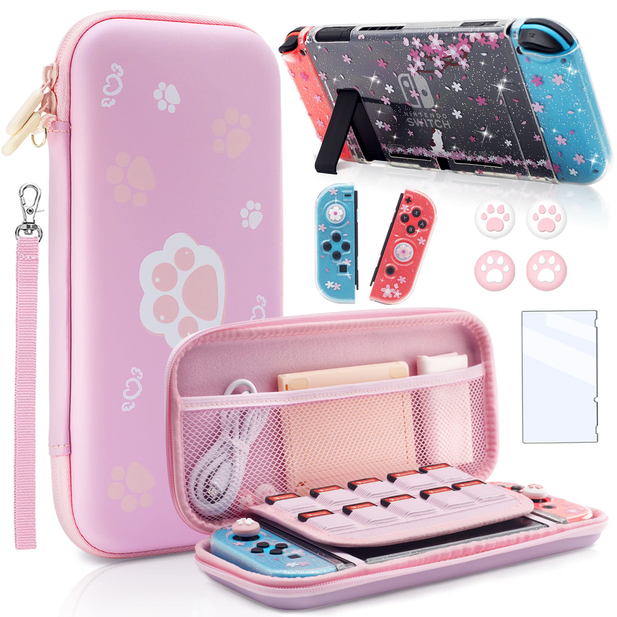 BRHE Cute Cat Paw Switch Carrying Case Pink 【9 IN 1】Portable Hard Shell Bundle Bag Kits with TPU Clear Protective Cover, Glass Screen Protector, Thumb Grip Caps for Nintendo Switch