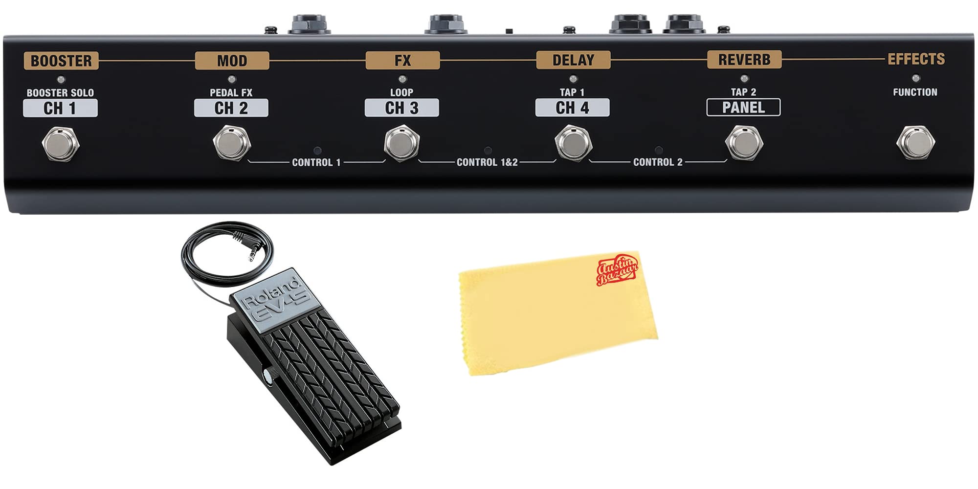 Boss GA-FC-EX Foot Controller Bundle with Roland EV-5 Expression Pedal and Austin Bazaar Polishing Cloth