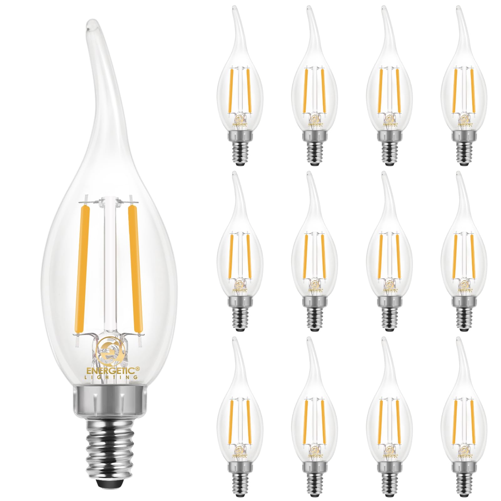 ENERGETIC 12 Pack Dimmable Candelabra Led Light Bulb, CA11 Shape,Flame Tip Style, 60 Watt Equivalent, 2700K Soft White, E12 Base, Led Candelabra Bulb,CRI 90+, UL Listed, Halloween Christmas Decoration