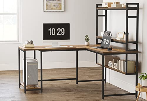 CubiCubi L Shaped Desk with Hutch and Storage Shelves, 59.1 Inch Corner Desk with Bookshelf, Computer Office Workstation for Home Office, Rustic Brown