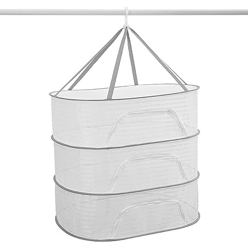 CurcKua Herb Drying Rack Herb Dryer Net 3 Layers Collapsible Mesh Hanging Clothes Drying Racks with Zip Windproof Hook 94x60x40cm Breathable Drying Rack