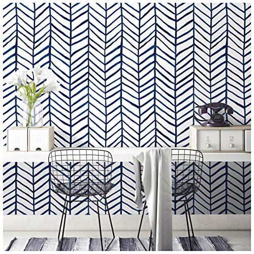 HAOKHOME 96020-2 Modern Stripe Peel and Stick Wallpaper for Bedroom Herringbone Navy Blue Vinyl Removable Decoration 17.7in x 9.8ft