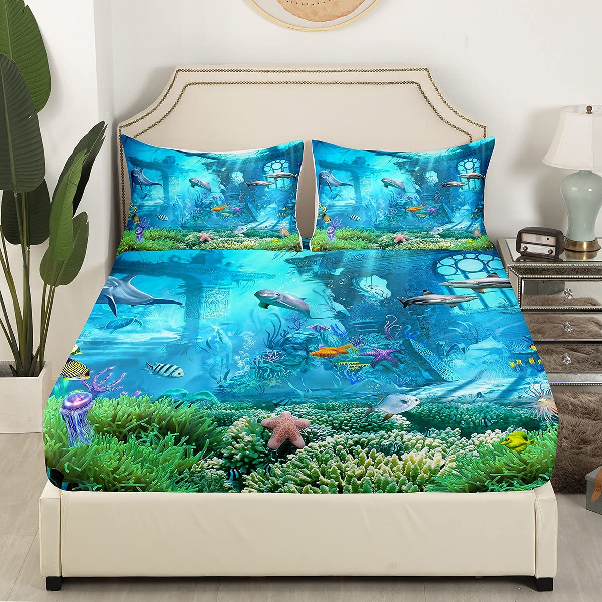 Erosebridal 3D Underwater World Bed Sheets Beach Fish Sea Blue Sheet Set Queen Size, Shark Dolphin Fitted Sheet for Kids Child, Jellyfish Starfish Bedding Set Tropical Sealife Bedroom Decor