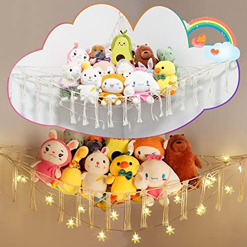 RORJOY Stuffed Animal Net or Hammock, Big Size Plush Toy Net Hammock with Decorative String Light, Corner Stuffed Animal Hammock Hanging Storage Holder, Nursery Play Room Bedroom Kid Room Decor