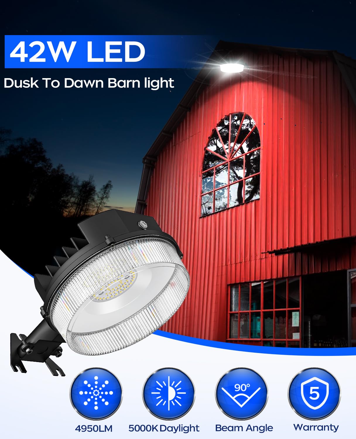 CINOTON 42W LED Barn Light Dusk to Dawn Outdoor Lighting, Black 1 Pack & 26W LED Wall Pack Light with Dusk to Dawn Sensor White 2 Pack