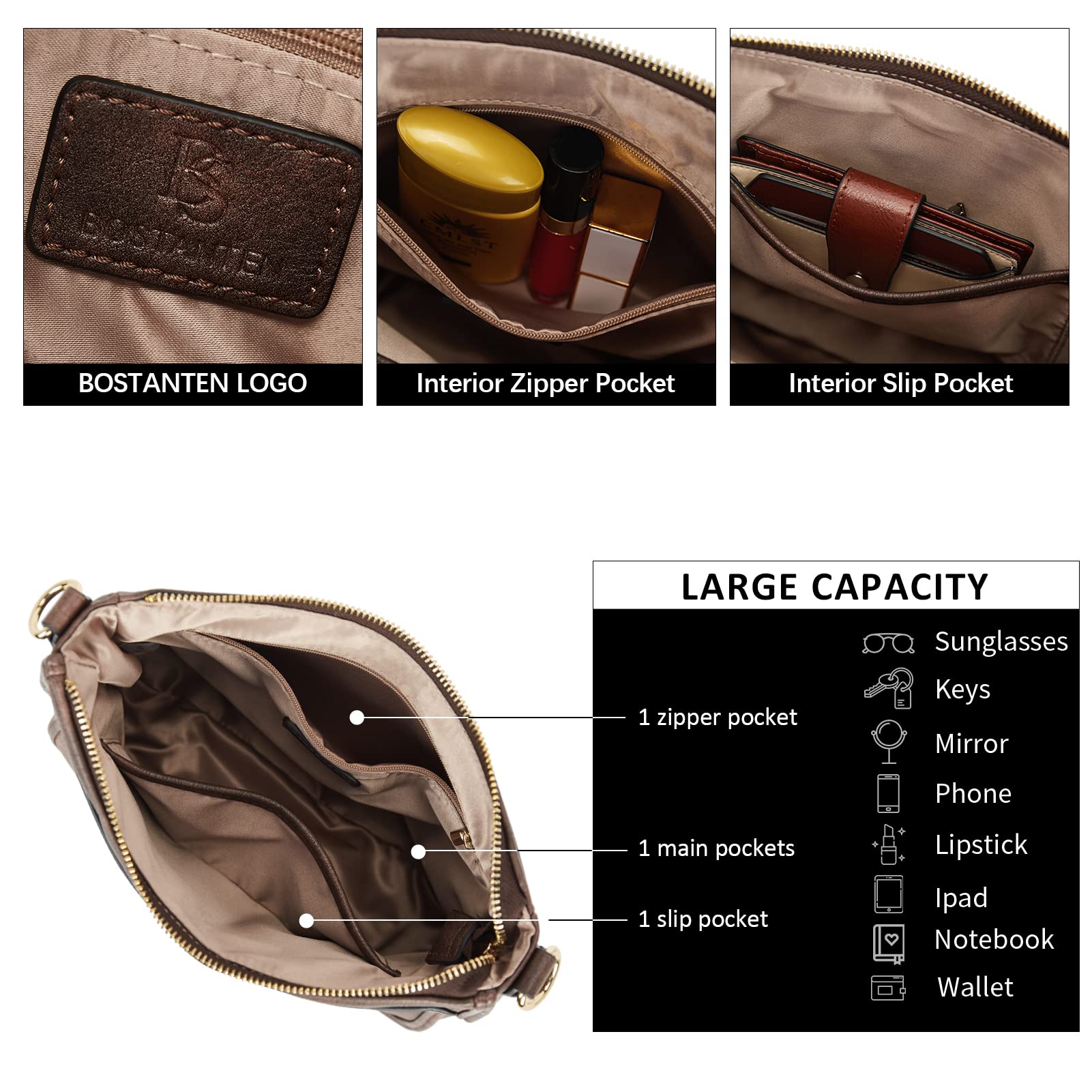 BOSTANTEN Crossbody Bags for Women Trendy Vegan Leather Hobo Purses Shoulder Handbags With Wide Shoulder Strap Coffee