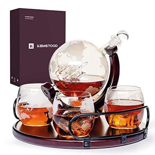 Kemstood Globe Whiskey Decanter Set - Etched World Design with Wooden Base & 4 Glass - Ideal for Dignified Drinking, Home Decor - Unique Whiskey Gifts for Men, Father - 850ml Capacity for Long Storage