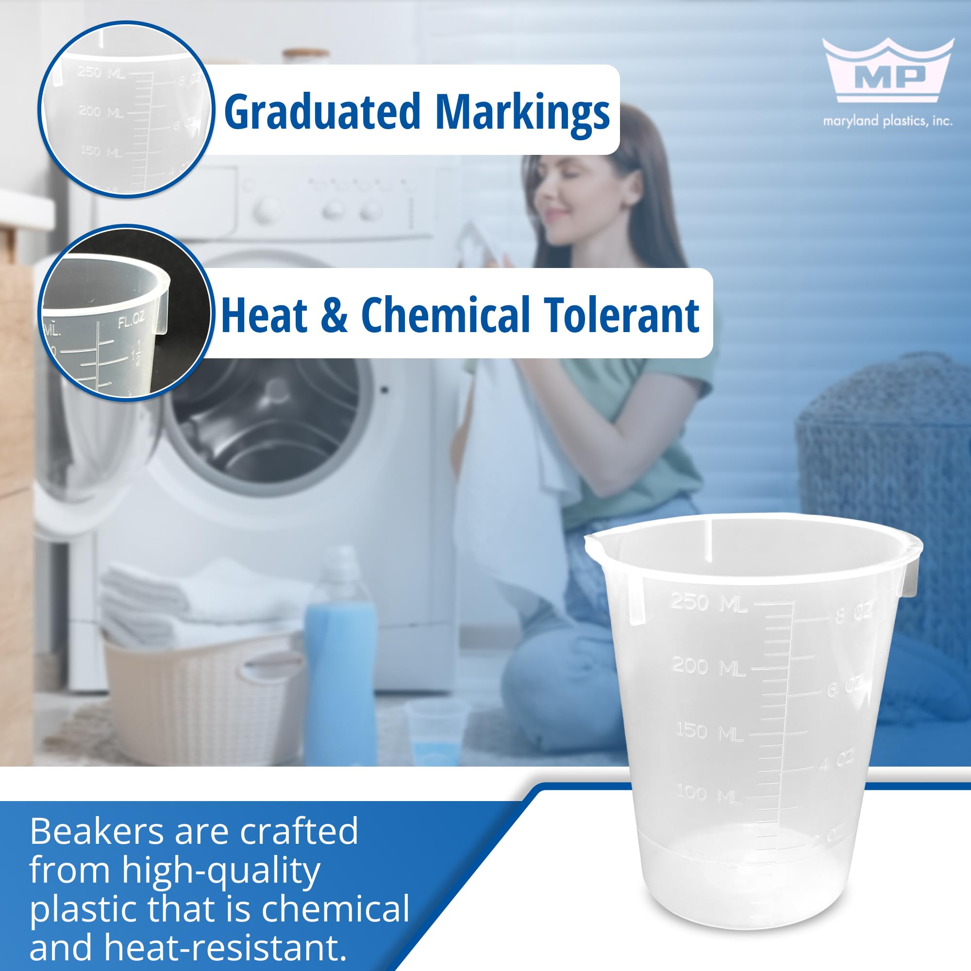 Plastic Beaker 250ml / 8.45 oz Set of 50 by Maryland Plastics โ Clear Graduated Disposable Beakers with Pour Spout โ Perfect for Resin Mixing, Science Labs, and Home Use