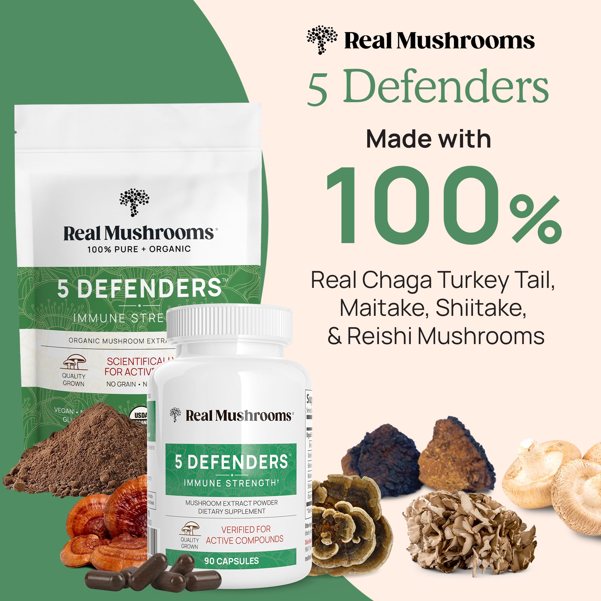 Real Mushrooms Turkey Tail (45g) and 5 Defenders (45g) Mushroom Extract Powder Bundle - Mushroom Supplement for Immune Strength - Vegan, Non-GMO Immunity Supplement