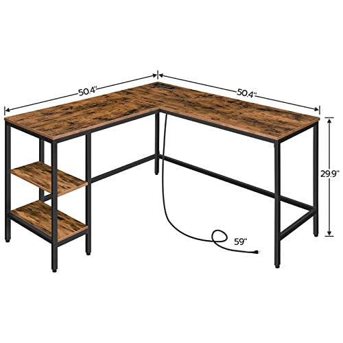 HOOBRO L Shaped Computer Desk with Charging Station, Industrial Corner Writing Desk with Adjustable Shelves, Study Workstation for Home Office, Stable and Space-Saving Rustic Brown and Black BF35UDN01