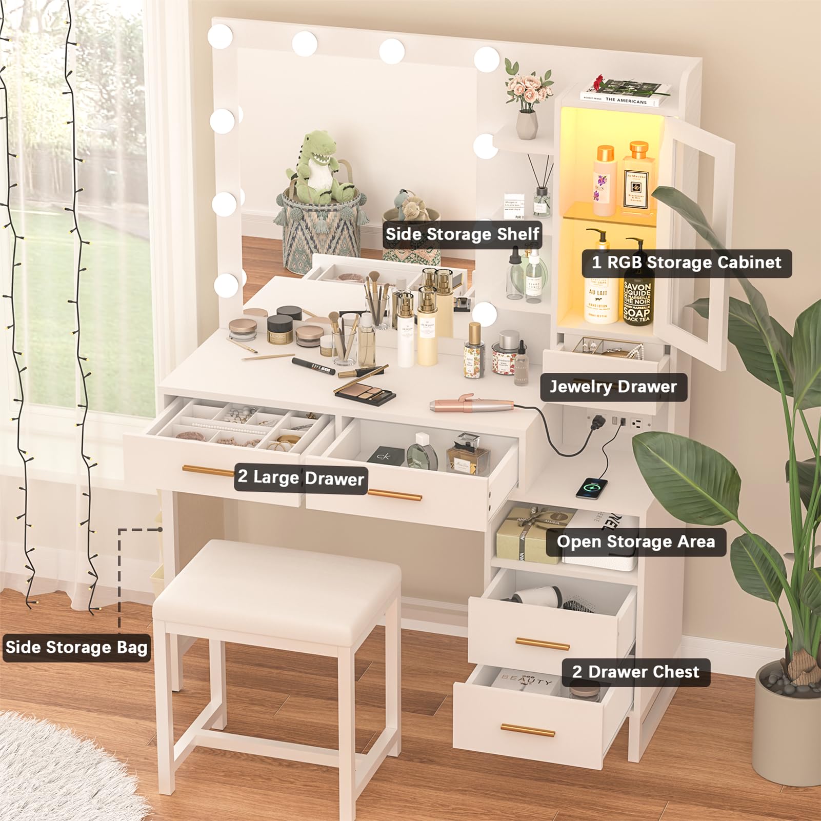 CSZZD Makeup Vanity Desk with Mirror and Lights, White Vanity Desk with Charging Station, LED Cabinet, 5 Drawers & Storage Bag, Vanity Mirror with Lights Desk and Chair, Vanity Table Set with Stool