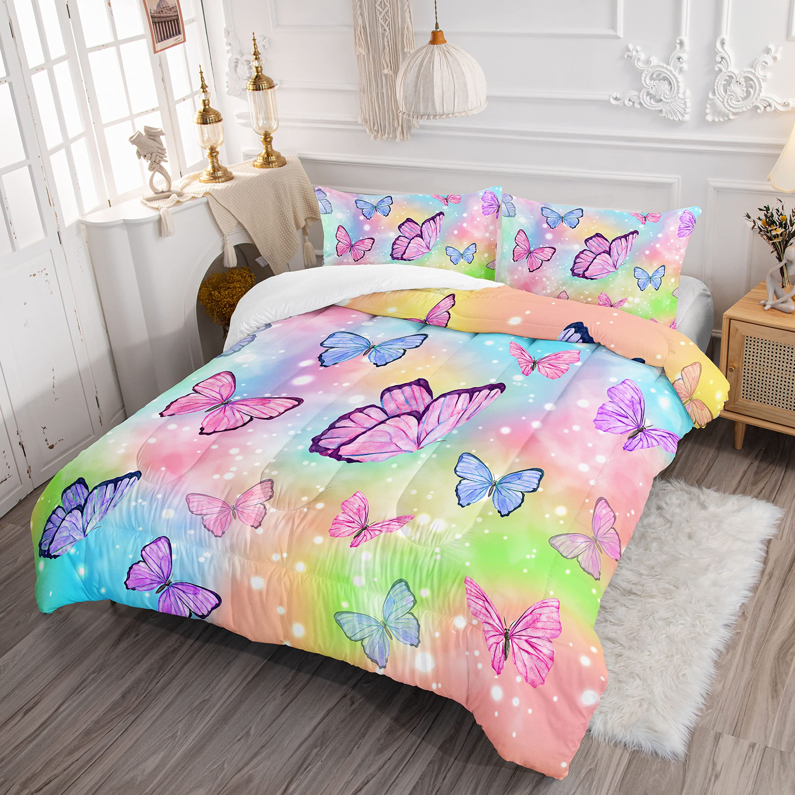 Datura home Bedding Comforter Set Rainbow Watercolor Butterfly Printed Pattern Quilt with 1 and 2 Pillowcases for Girls Bedroom All Season(Butterfly Full) Full 80x90inches