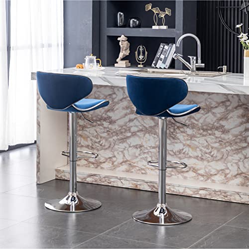 Roundhill Furniture Masaccio Velvet Upholstered Adjustable Swivel Barstool, Set of 2, Blue