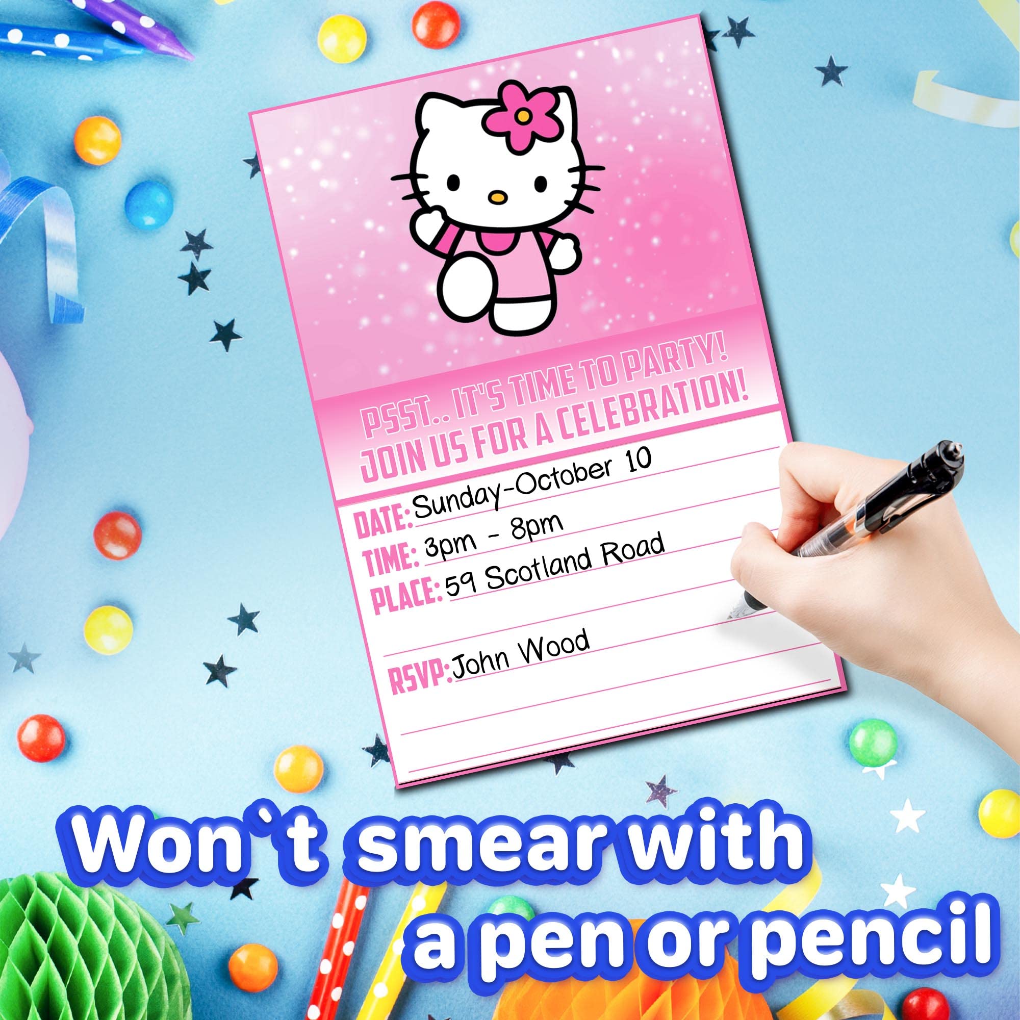 Set of 20 Cute Pink Cat Term or Description -Themed Happy Birthday Invitation Cards & Envelopes - Lightweight (240g), Postcard Style Invites for the Perfect Party Pack