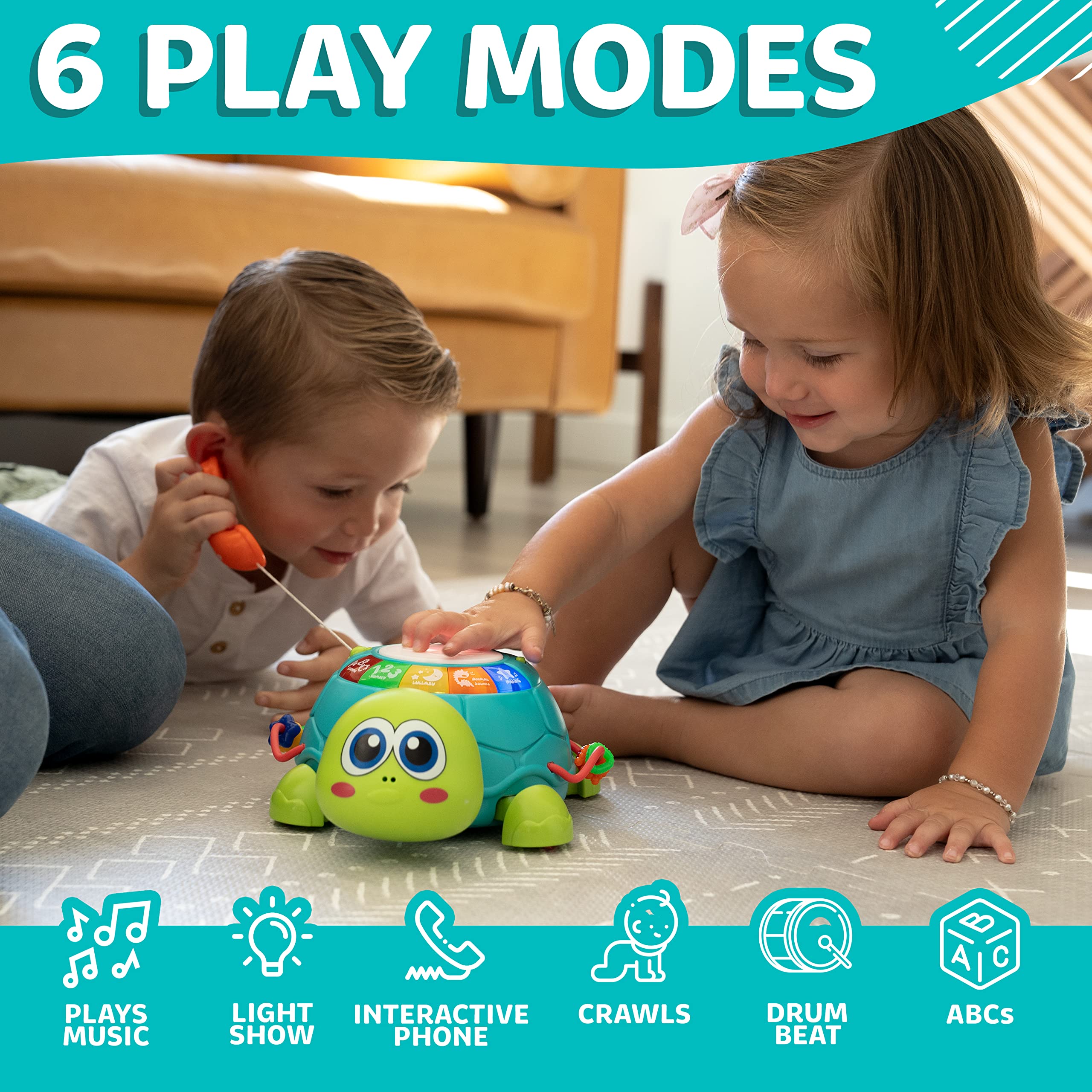 Baby Musical Turtle Toy - Crawling Toy for 6+ Month Babies - Great for Tummy Time - Develop Motor Coordination, Fine Finger Skills, and Cognitive Abilities - Lights Up and Plays Music