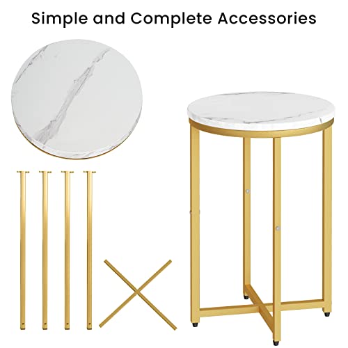 DKLGG Modern Gold Side Table, Small Coffee Table Round End Table with Gold Frame, Marble Side Table Bedside Table for Living Room, Bedroom, Small Space, 16" D*24" H