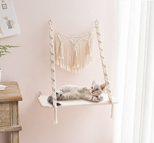 Dahey Cat Window Perch Macrame Cat Hammock Boho Wall Mounted Pet Resting Seat Bed for Indoor Cats Space Saving kitty Sunny Swing Shelf on Window Safety Holds up to 45 lbs with Screw Suction Cups, Gift