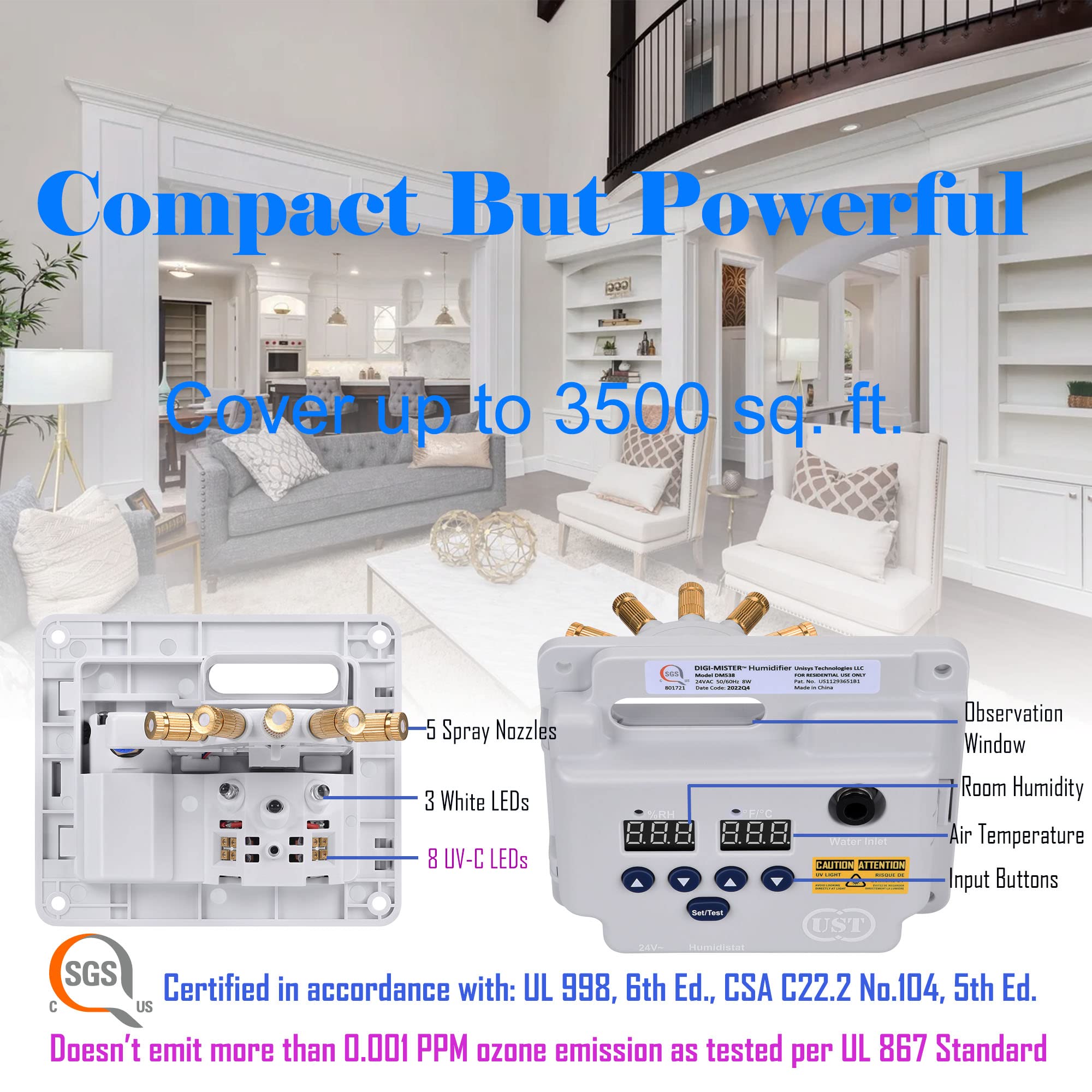 DIGI MISTER Evaporative Duct Mount Whole House Furnace Humidifier with 8 UV-C LEDs, Atomizing Cool Mist Variable Capacities for Homes and Offices from 1000 to 3500 sq. ft.