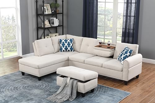 CABSETT 98" L-Shape Wide Left Hand Facing Sofa & Chaise with Storage Ottoman, Linen Upholstered Couch Set with 2 Cup Holder and 2 Pillows for Living Room, Home, Office, Beige
