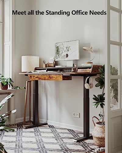 BANTI Height Adjustable Electric Standing Desk with Three Drawers, 48 x 25 Inch Table with Storage Shelf, Sit Stand Desk with Storage Space, Splice Board with Black Frame/Rustic Brown Top