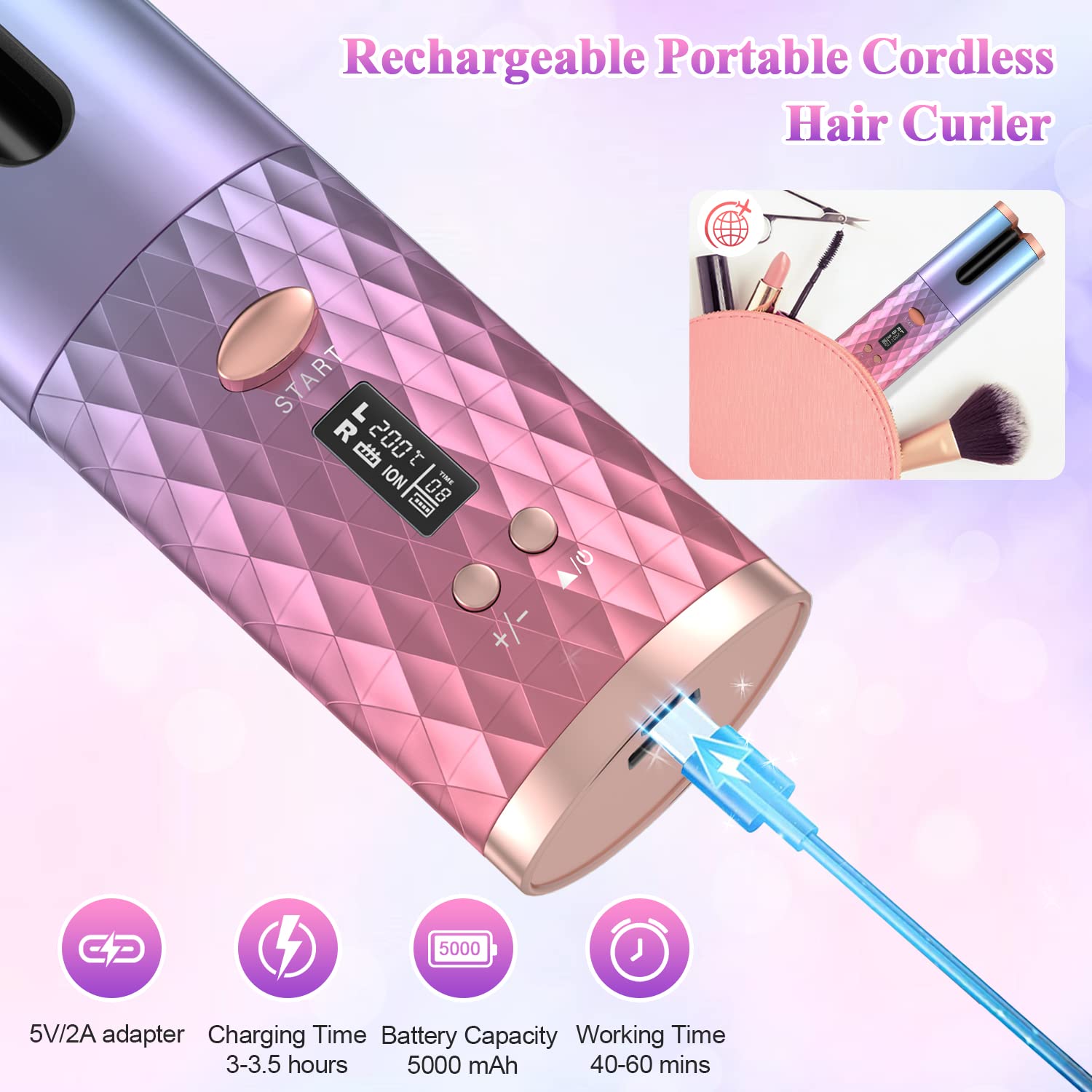 Automatic Curling Iron, Cordless Auto Hair Curler w/ 6 Temp & Timer, Rechargeable Ceramic Hair Curlers, Portable Rotating Curling Wand Styling Tool, Fast-Heating, Auto Shut Off