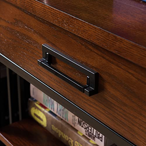 Leick Home 11262 Ironcraft Mantel Height Rustic Bookcase with Drawer Storage, 12" D x 30" W x 50" H, Mission oak/matte black