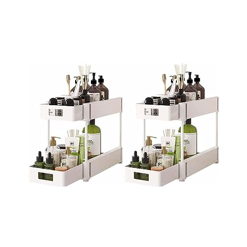 DAMGOLOZA 2 Pack Pull Out Under Sink Organizer, 2 Tier Multi Purpose For Bathroom Kitchen Sink Storage Organizer - White