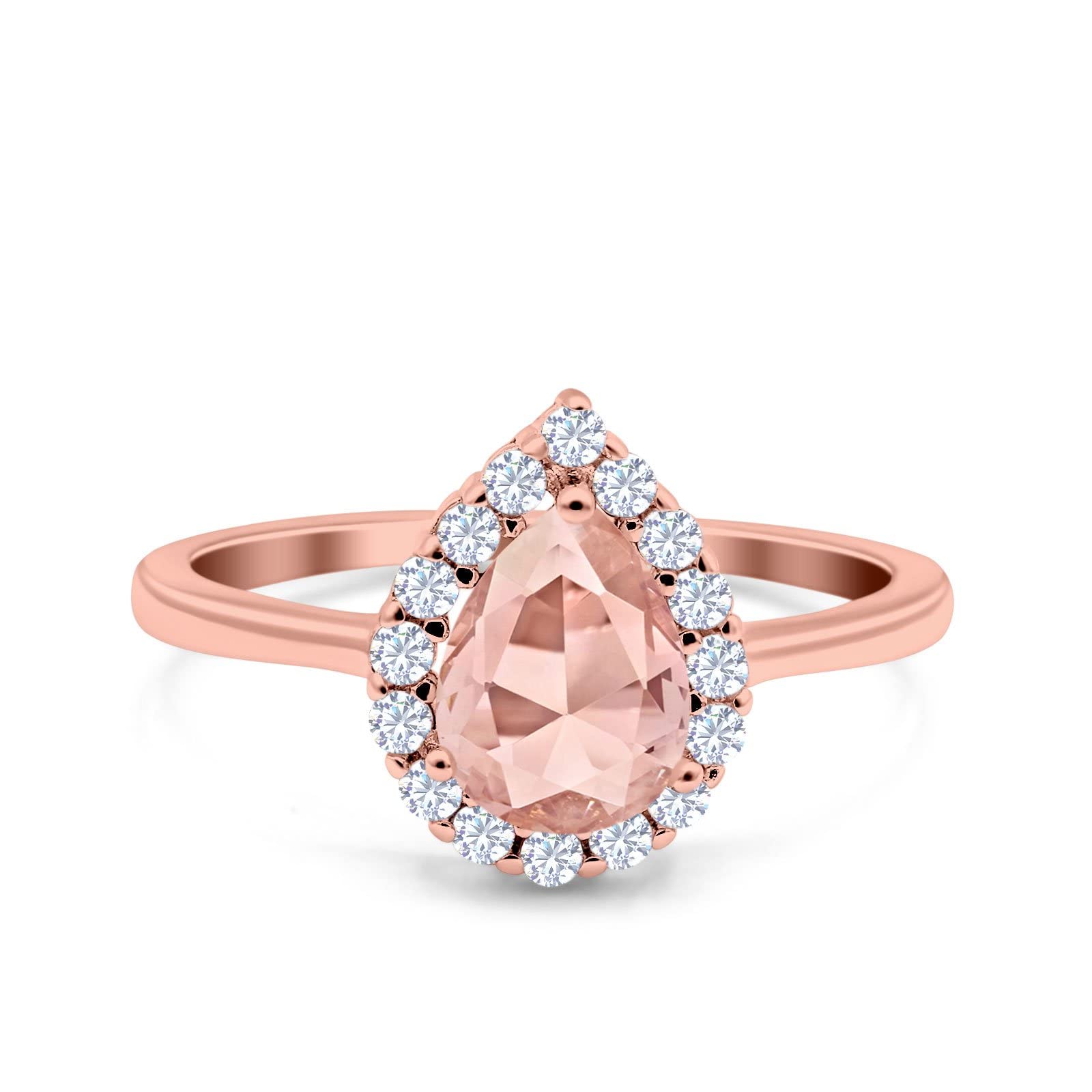 Blue Apple Co. Rose Tone, Simulated Morganite CZ Size-7 Celtic Halo Art Deco Pear Wedding Engagement Ring Round CZ 925 Sterling Silver